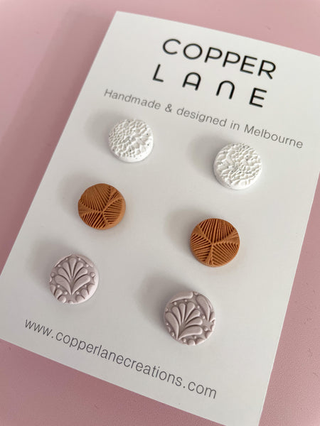 Embossed Earring Stud 3 Pack - Naturally – Copper Lane Creations